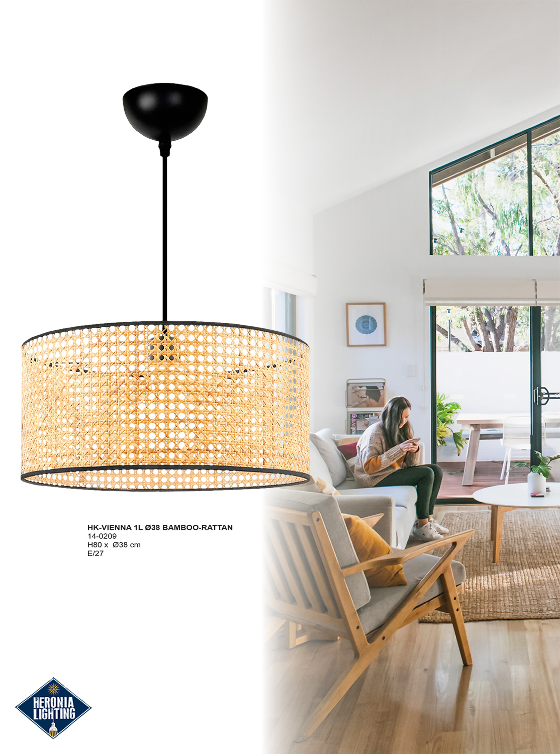 HK-VIENNA 1L Φ38 BAMBOO-RATTAN ΚΡΕΜΑΣΤΟ ΦΩΤΙΣΤΙΚΟ – Heronia Lighting